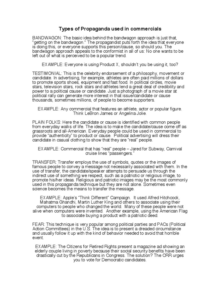 Types of Propaganda Used in Commercials | PDF | Propaganda | Celebrity