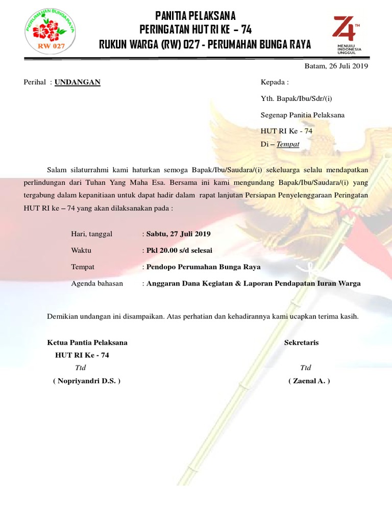 Contoh Surat Undangan HUT Ke-74 RI | PDF