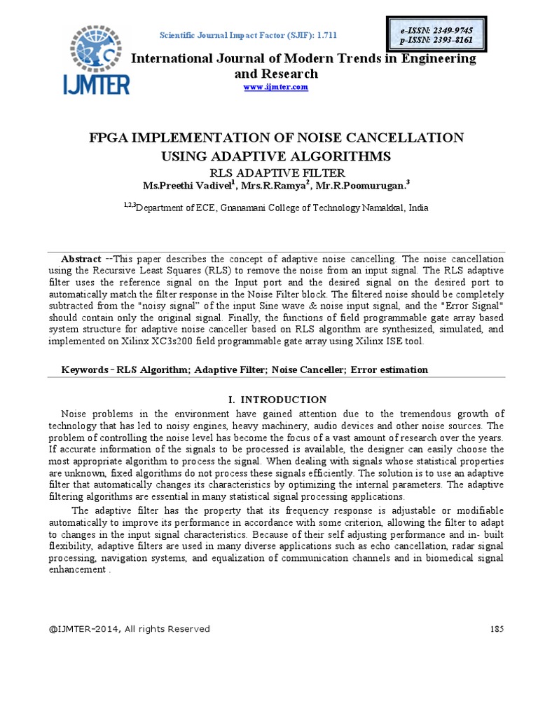 Fpga Implementation Of Noise Cancellation Using Adaptive Rls Algorithm