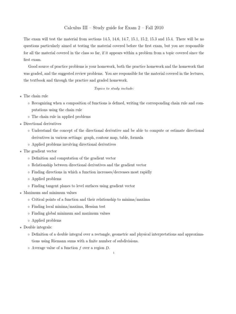 Calculus III - Study Guide For Exam 2 - Fall 2010 | PDF | Maxima And ...