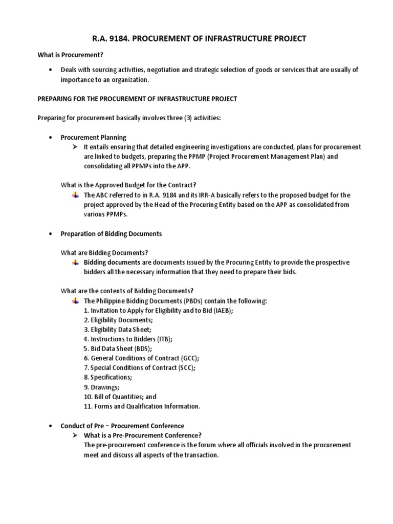 R.A 9184 - Procurement of Infrastructure Projects | PDF | Procurement ...