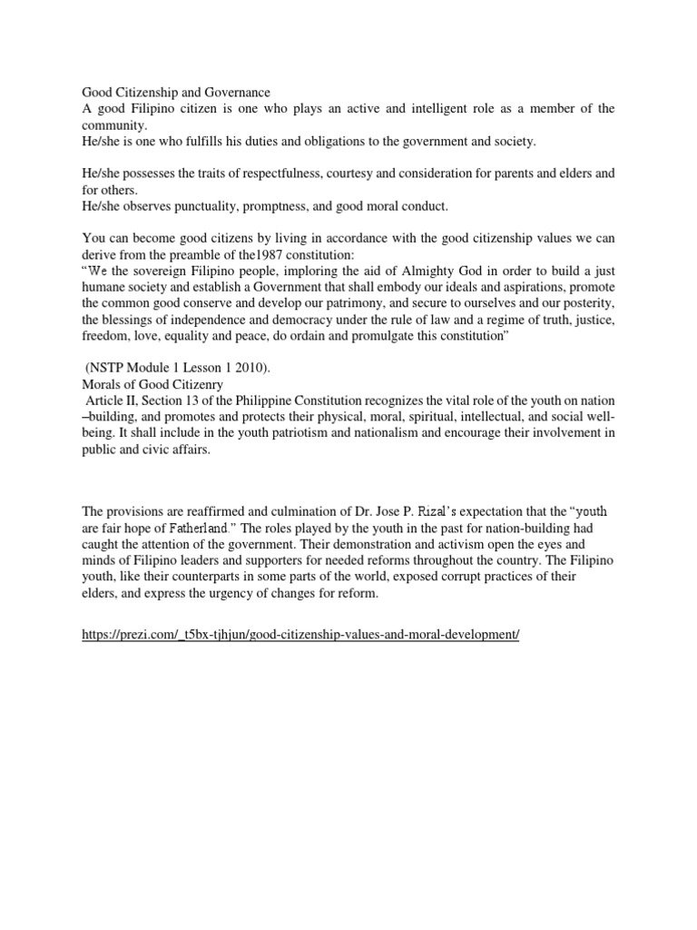 The Qualities of Good Citizenship: Moral Development, Core Values, and ...