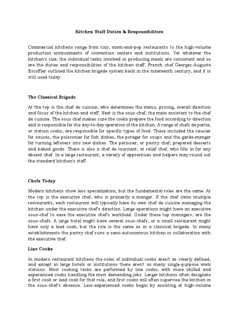 Kitchen Staff Duties | PDF | Chef | Cooking