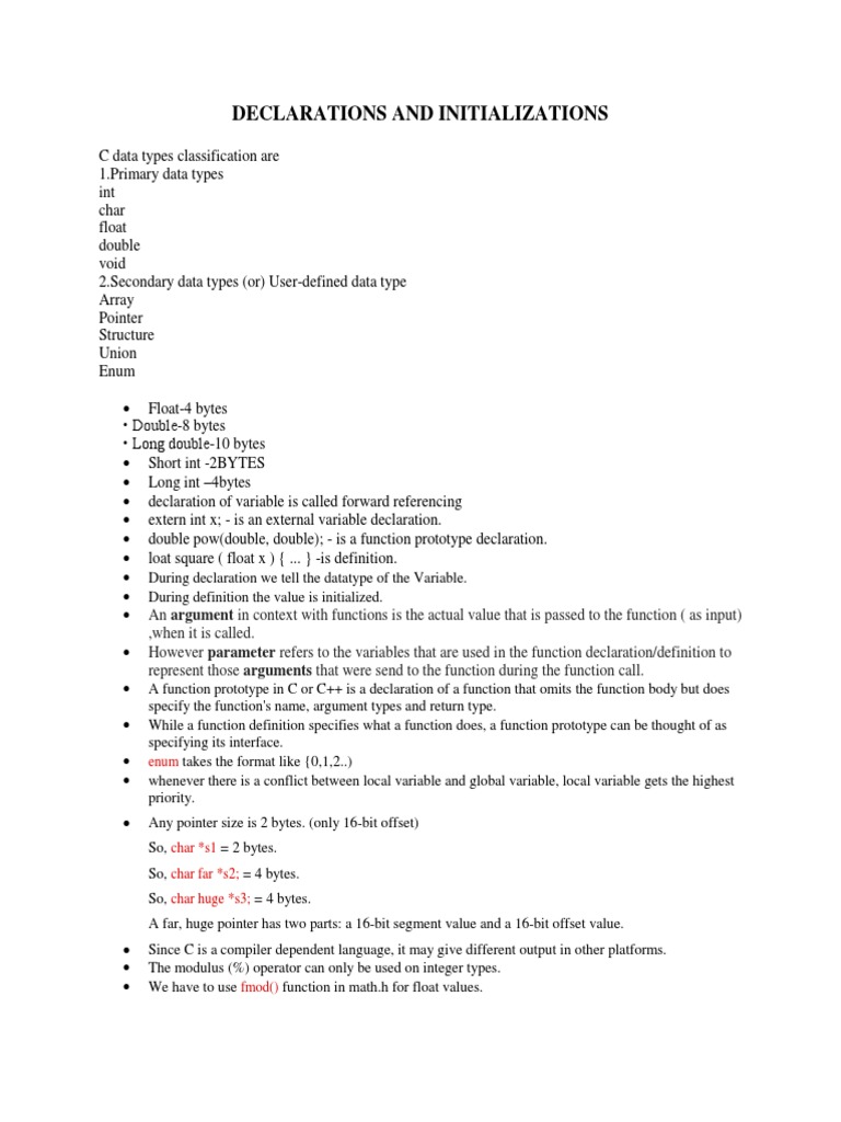 Declarations And Initializations Pdf Parameter Computer Programming Pointer Computer