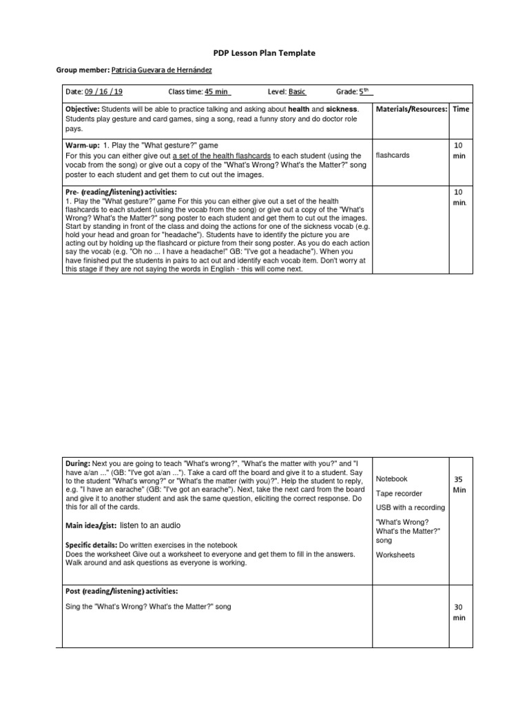 PDP Lesson Plan Template: Group Member: Patricia Guevara de Hernández | PDF | Question ...