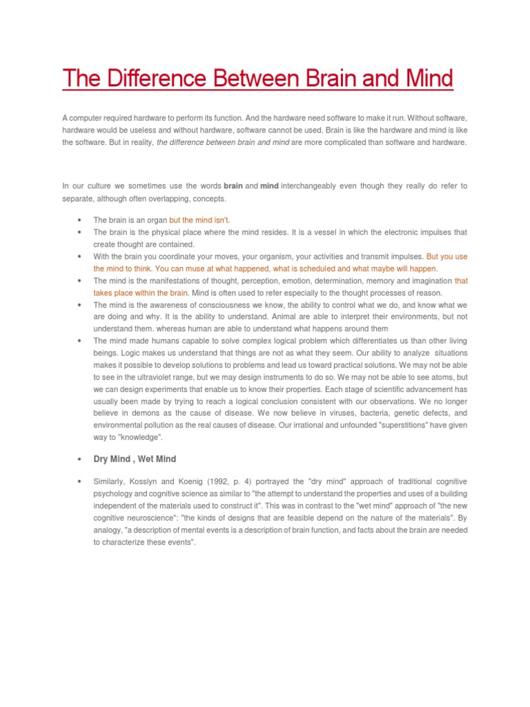 The Difference Between Brain and Mind | PDF | Mind | Thought