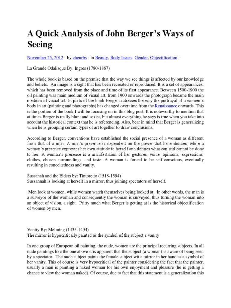 Analysis of John Berger's Ways of Seeing Focuses on Objectification of ...