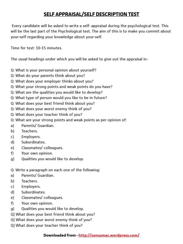 Self Appraisal/Self Description Test: Downloaded From | PDF | Sports ...