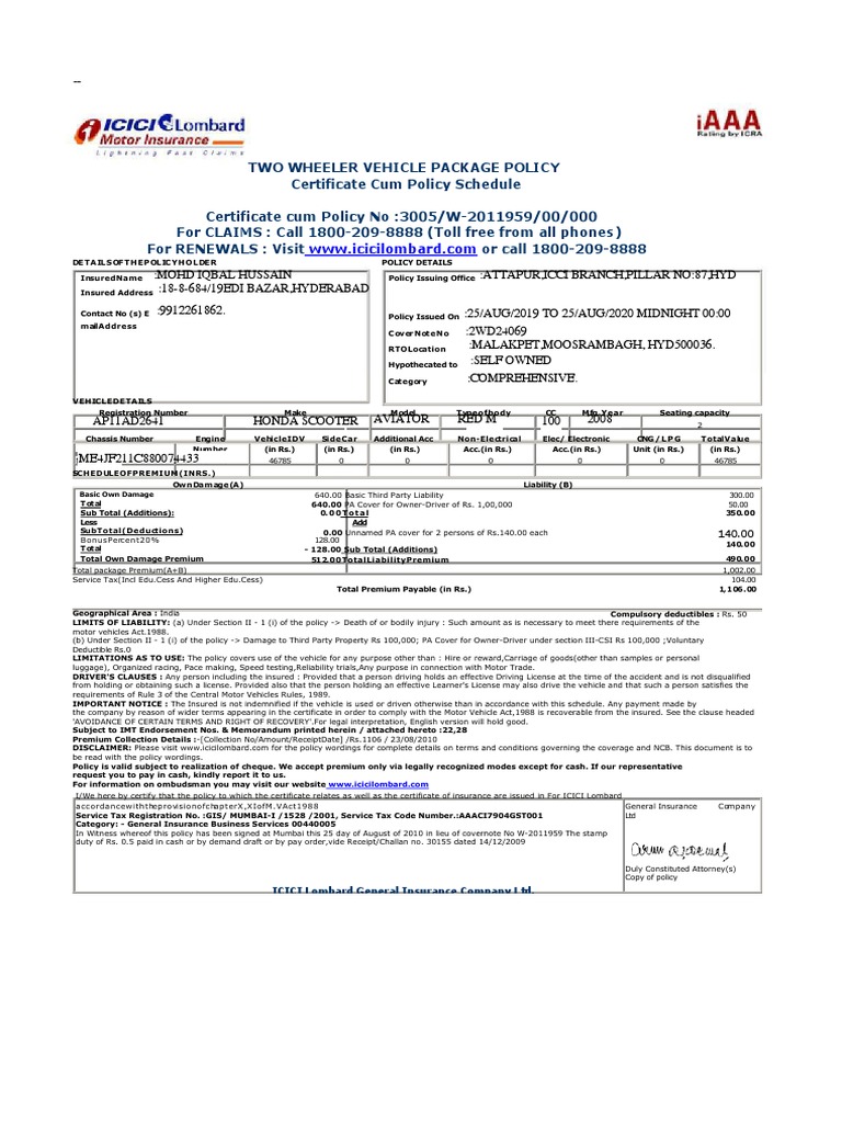 2 Wheeler Scooter Insurance | PDF