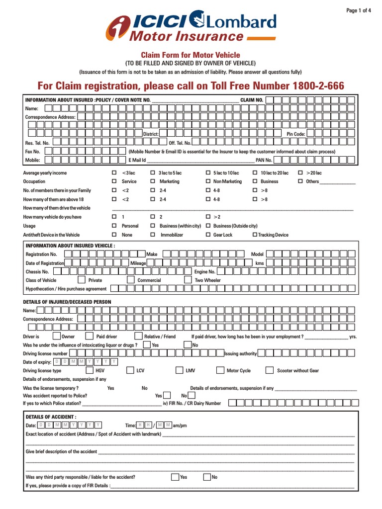 ICICI Lombard Motor Claim Form | PDF | Payments | Notary Public