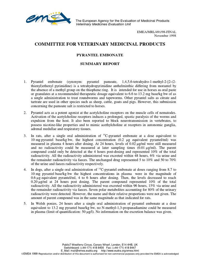 Pyrantel Embonate Summary Report Committee Veterinary Medicinal ...