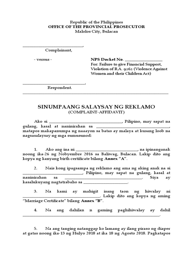 Complaint-Affidavit (RA 9262 VAWC) | PDF