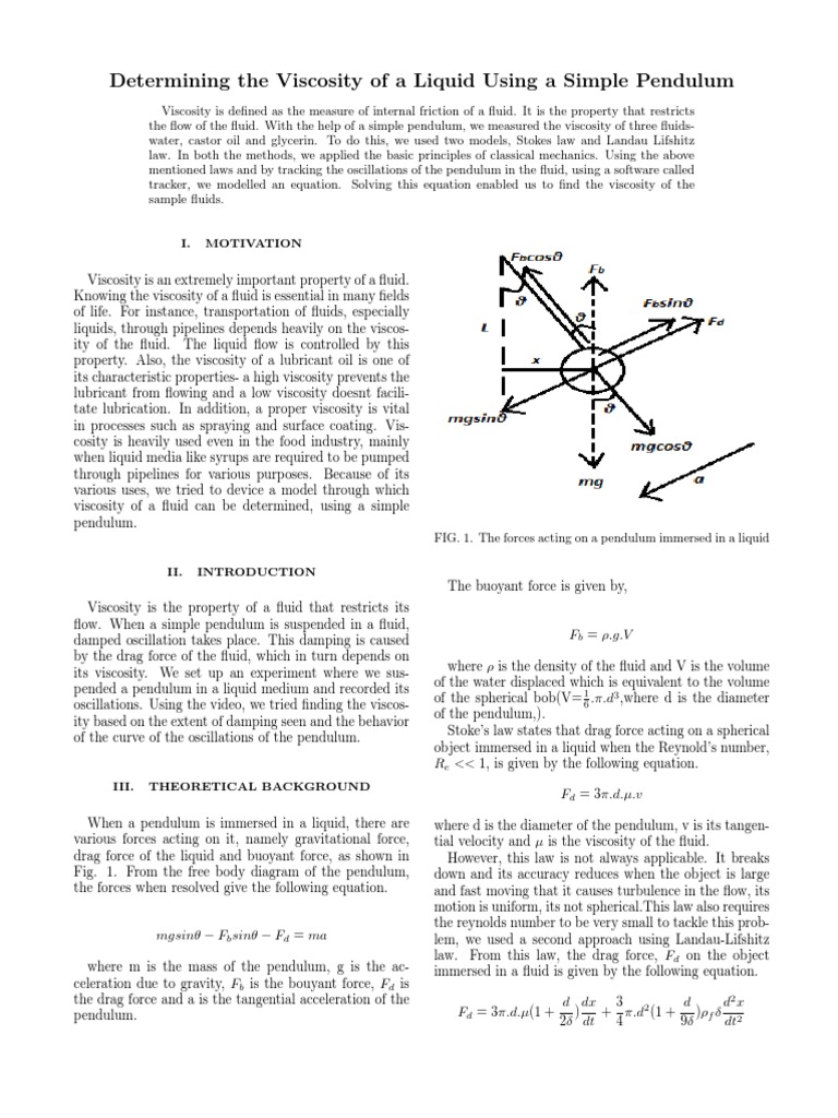 Determining The Viscosity of A Liquid Using A Simple Pendulum | PDF ...