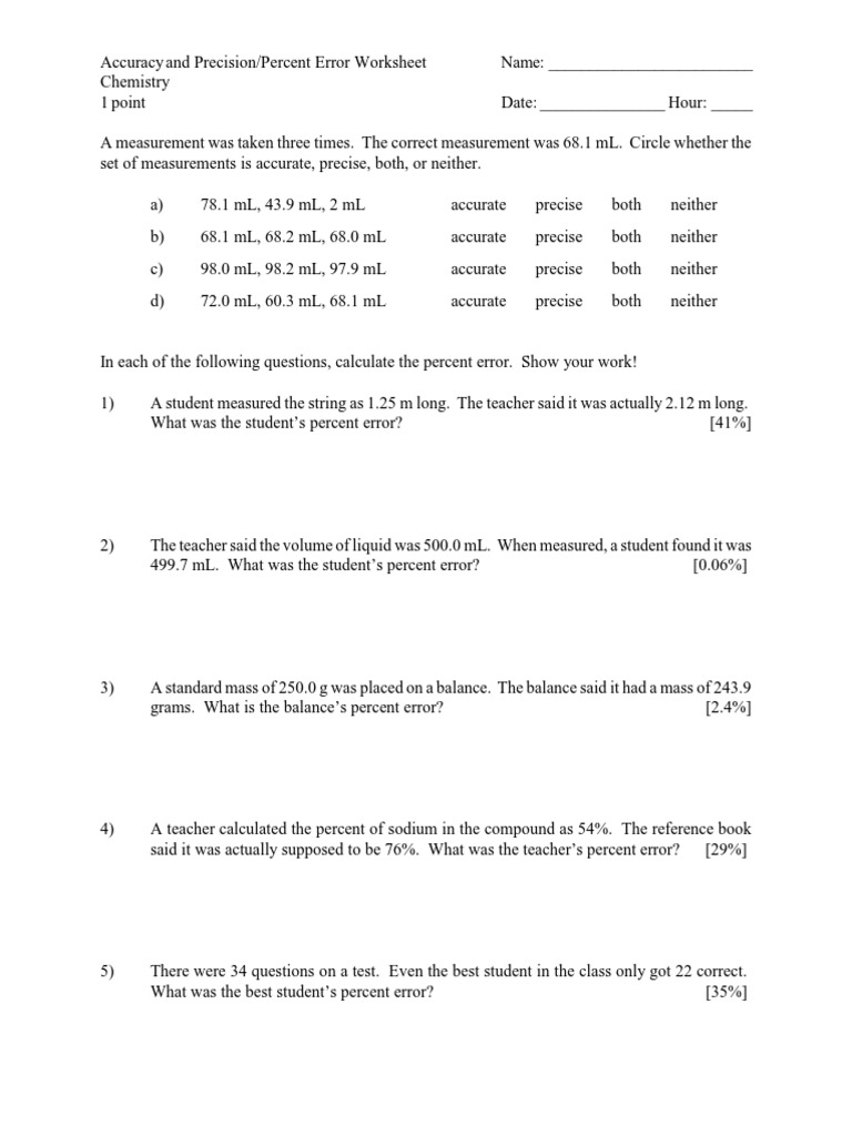 Accuracy and Precision Percent Error Worksheet | PDF