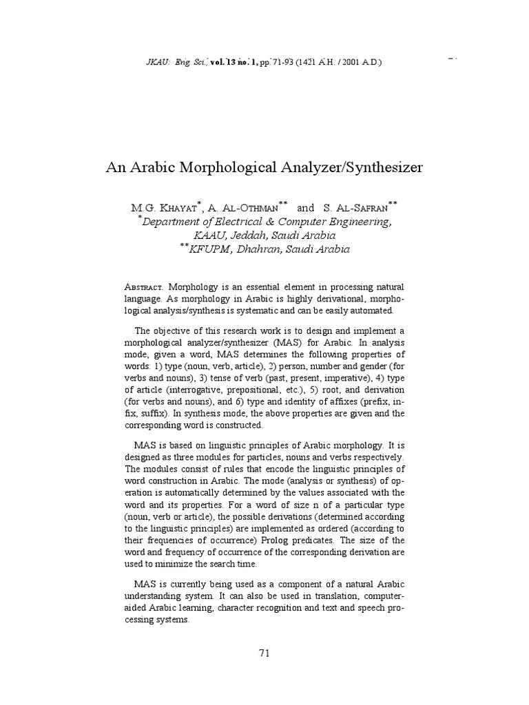 An Arabic Morphological Analyzer/Synthesizer: M.G. K, A. A - O and S. A - S | PDF | Morphology ...