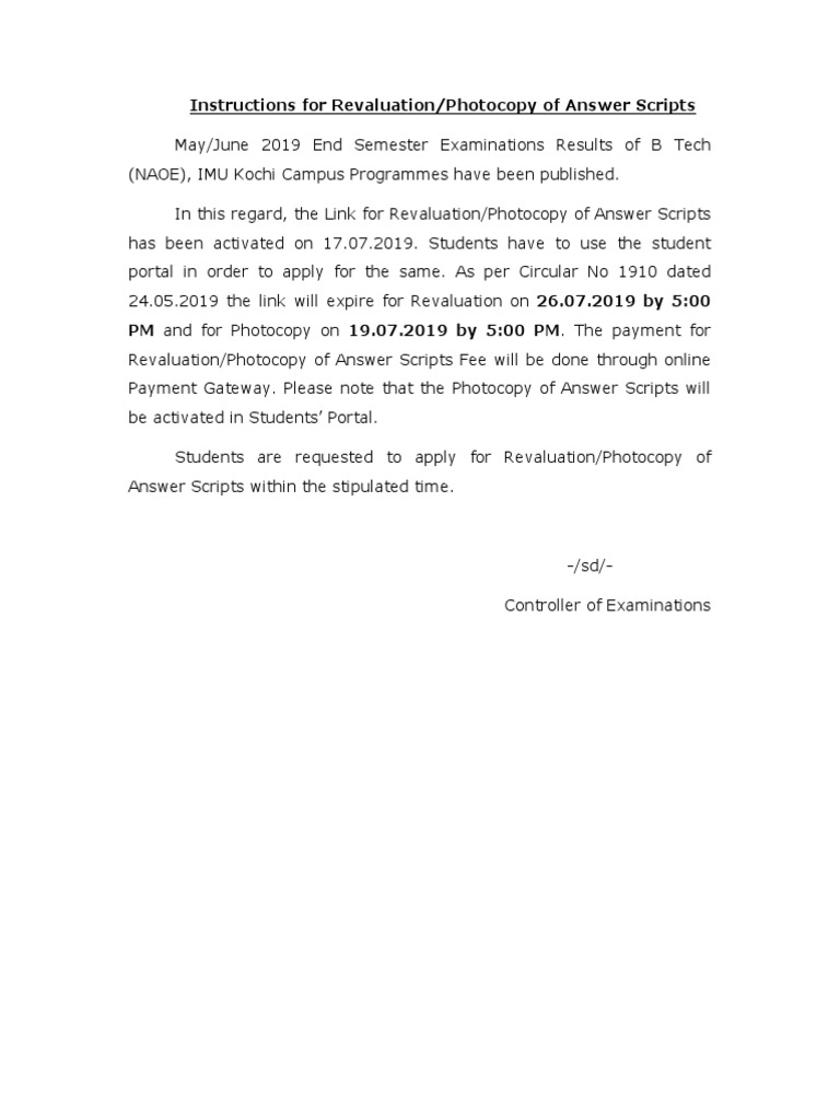 Instructions For Revaluation/Photocopy of Answer Scripts | PDF