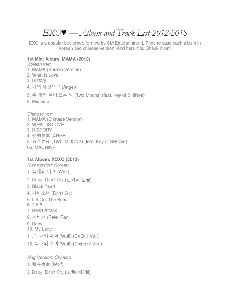 EXO Album and Track List 2012-2018 | PDF | Pop Music | Recorded Music