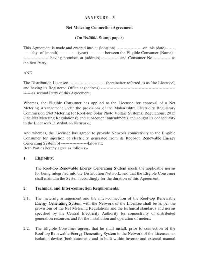 Annexure - 3 Net Metering Connection Agreement (On Rs.200/-Stamp Paper) | Download Free PDF ...