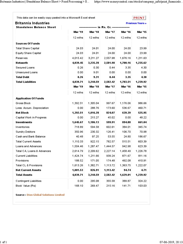 Britannia Industries: Print | PDF | Balance Sheet | Financial Economics