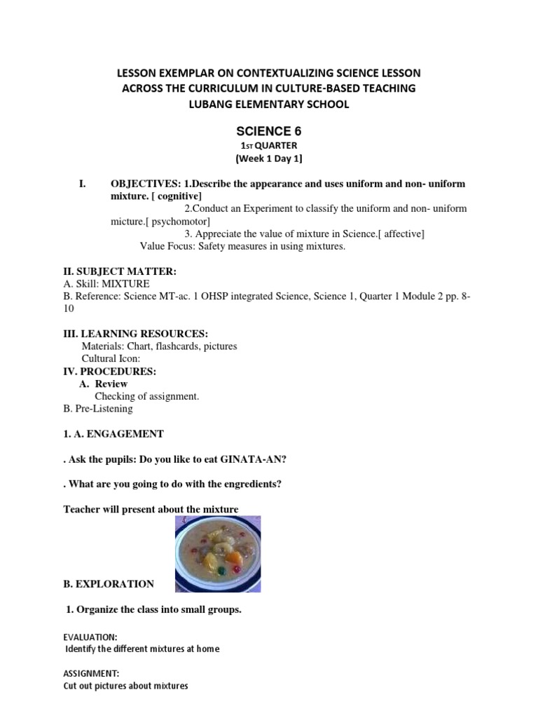 Lesson Exemplar On Contextualizing Science Lesson Across The Curriculum ...