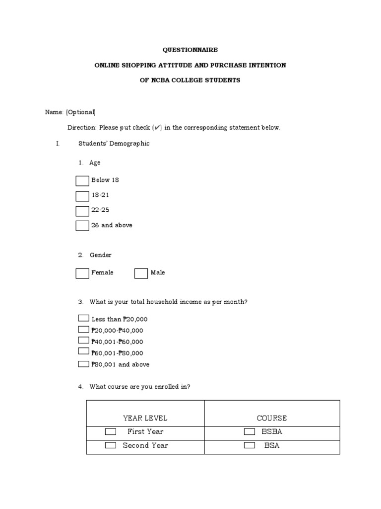 Questionnaire Online Shopping Attitude and Purchase Intention of Ncba ...