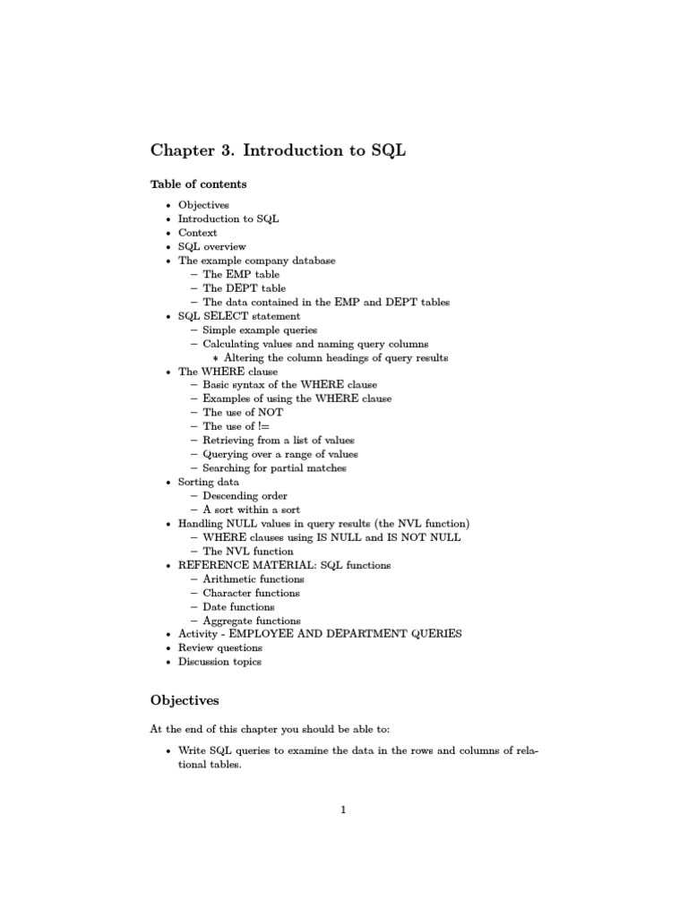 Chapter 3. Introduction To SQL: Objectives | PDF | Sql | Databases