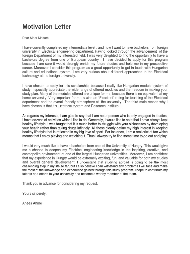 Example of A Motivation Letter | PDF | University | Motivation
