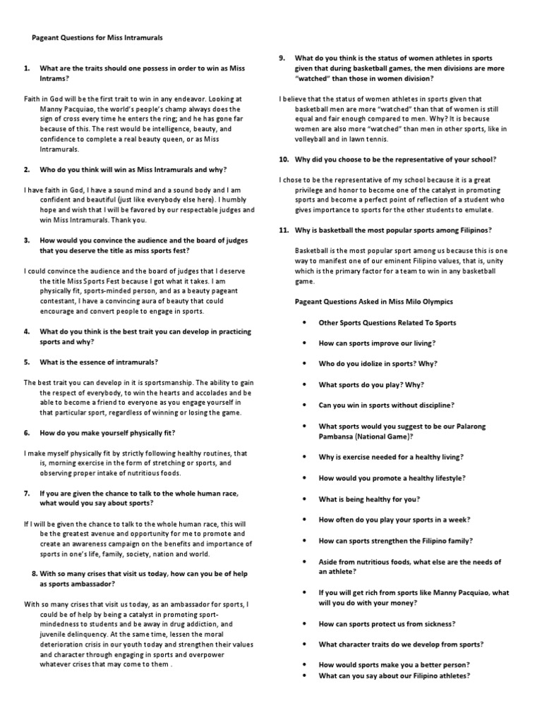 Pageant Questions For Miss Intramurals Compilation | PDF | Sports