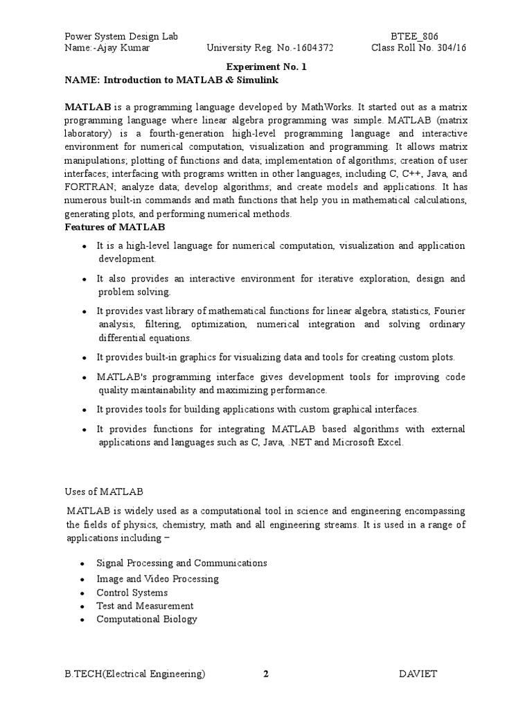 Experiment No. 1 Name: Introduction To Matlab & Simulink Matlab Is A Programming Language ...