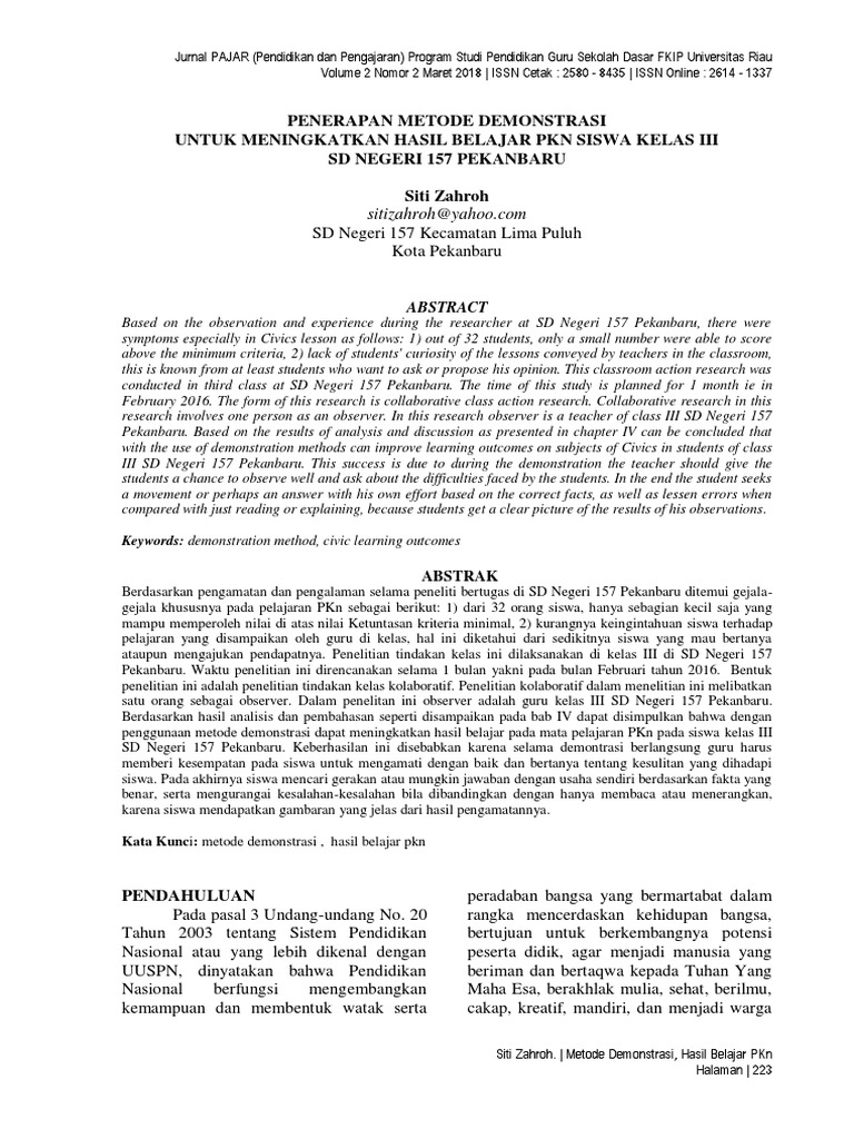 Jurnal-Ptk PKN Kelas 3 Penerapan Metode Demonstrasi Untuk Meningkatkan Ha | PDF | Justification ...