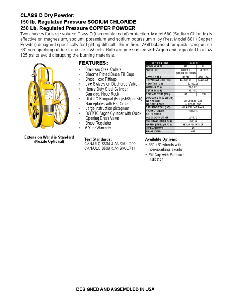 CLASS D Dry Powder: 150 Lb. Regulated Pressure SODIUM CHLORIDE 250 Lb ...