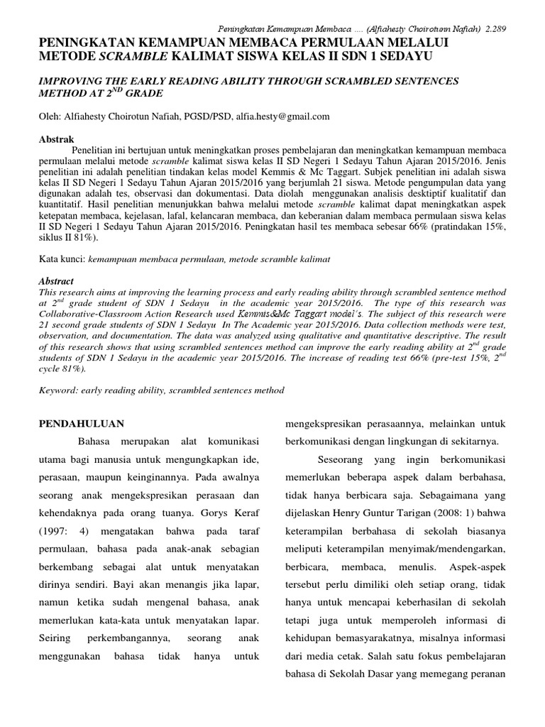 Jurnal PTK - Kemampuan Membaca Metode Scramble PDF | PDF