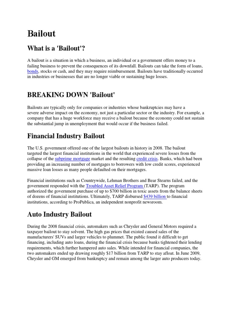Bailout: What Is A 'Bailout'? | PDF | Bailout | Troubled Asset Relief ...