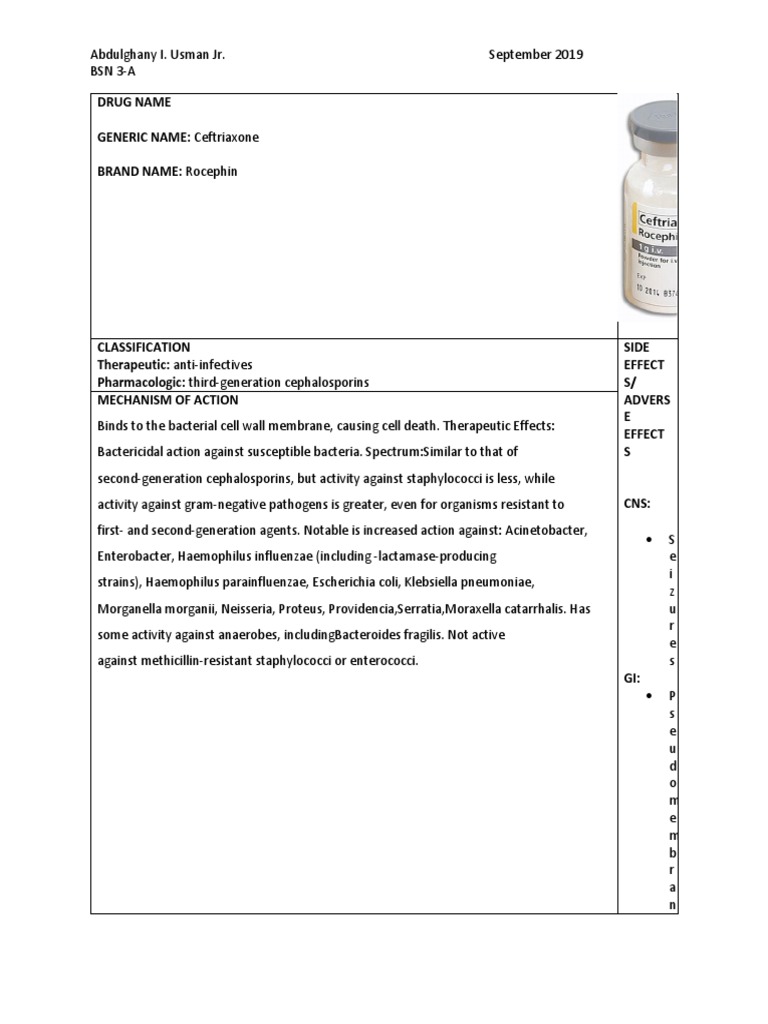 Drug Name GENERIC NAME: Ceftriaxone BRAND NAME: Rocephin | PDF ...