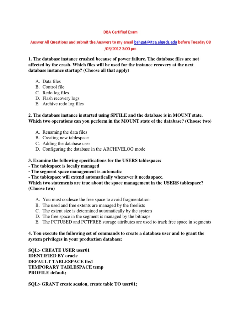 DBA Certified Exam Answer All Questions and Submit The Answers To My ...