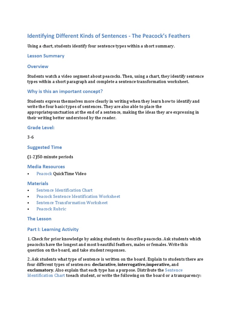 Identifying Different Kinds of Sentences The Peacocks Feathers | PDF ...