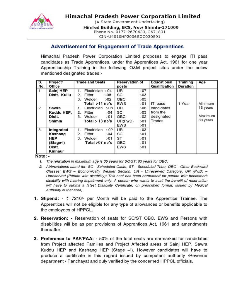 Advertisement For Engagement of Trade Apprentices: Himachal Pradesh ...