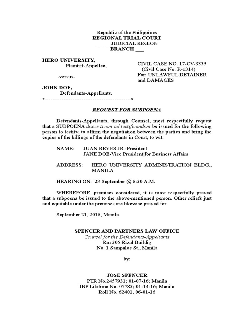 Subpoena Request for Hero University Case | PDF