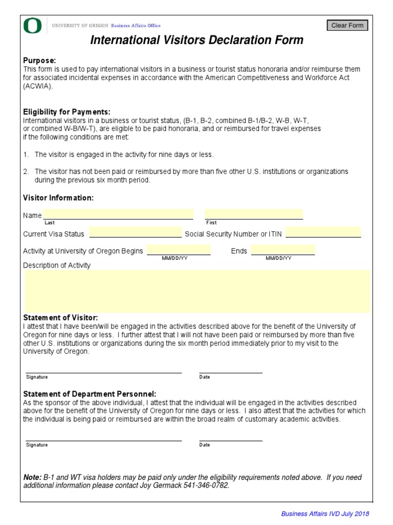 International Visitors Declaration Form: Purpose | PDF