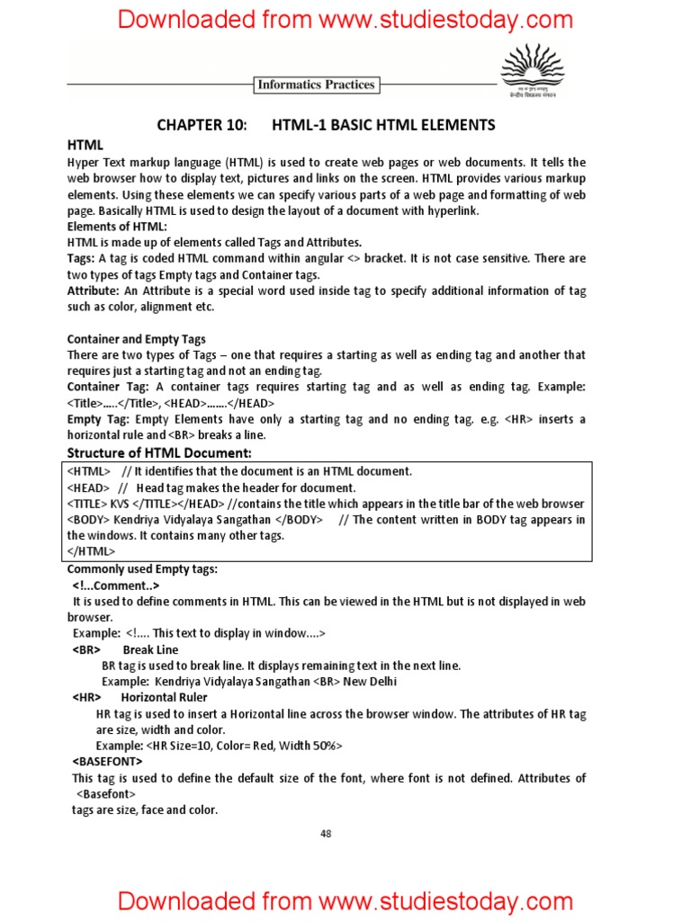 CBSE Class 12 Informatics Practices Html-1 Basic HTML Elements PDF | PDF | Html Element | Html