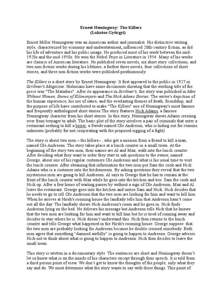 Ernest Hemingway: The Killers (Lakatos Györgyi) | PDF