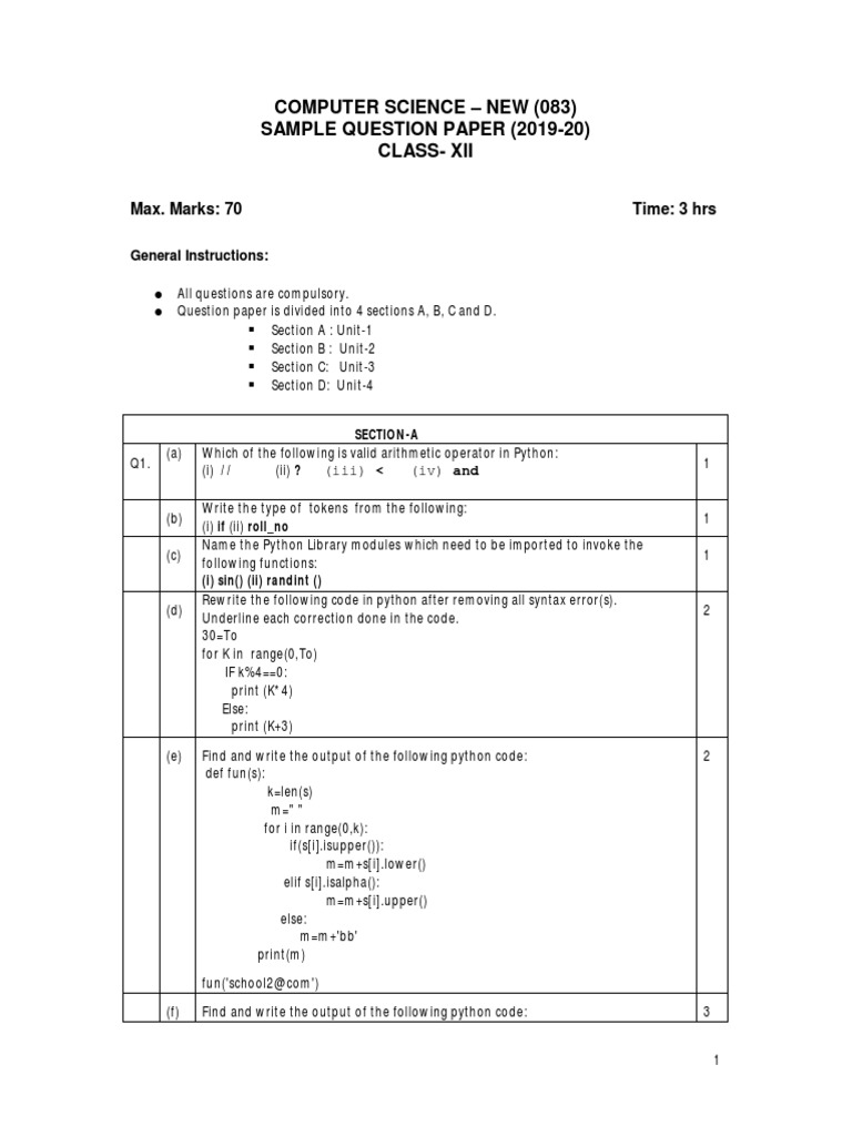 Computer Science - New (083) Sample Question Paper (2019-20) Class-Xii ...