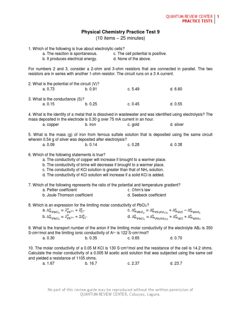 Physical Chemistry Practice Test 9: (10 Items - 25 Minutes) | PDF ...