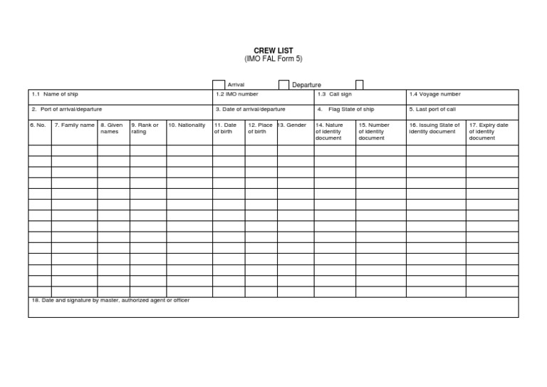 (IMO FAL Form 5) : Crew List | PDF