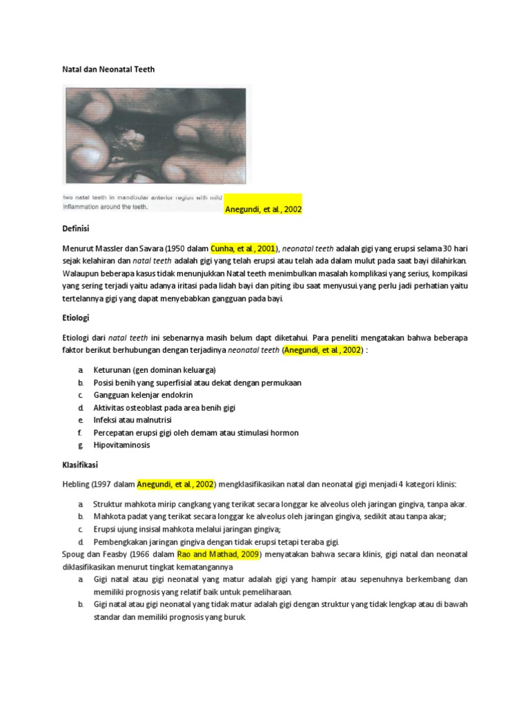 Natal dan Neonatal Teeth: Definisi, Etiologi, dan Tatalaksana | PDF