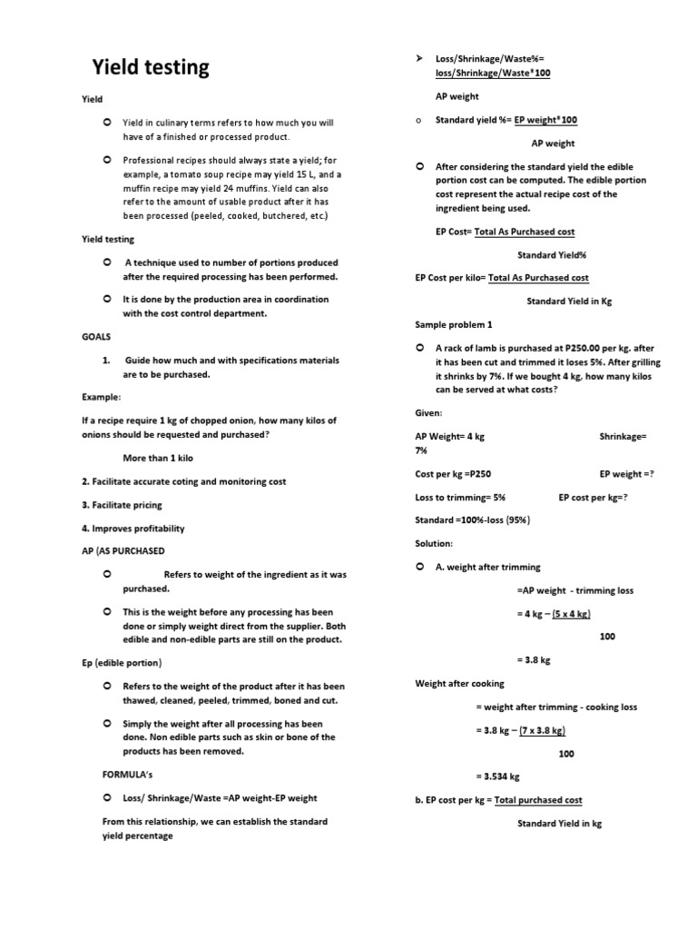 Yield Testing | PDF | Kilogram | Cooking