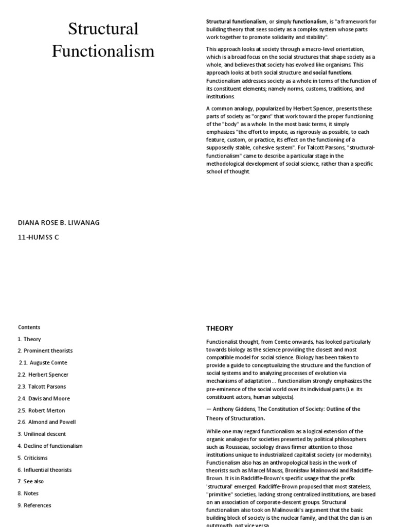 Structural Functionalism: Diana Rose B. Liwanag 11-Humss C | PDF | Sociology | Academic ...
