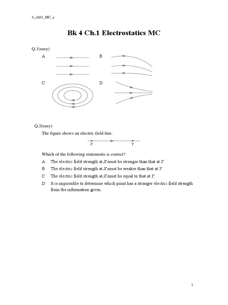 Electrostatics Multiple Choice Questions Analyzing Electric Field ...
