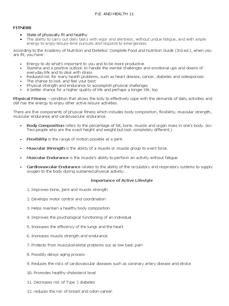 Pe 11 Handouts | PDF | Physical Fitness | Strength Training