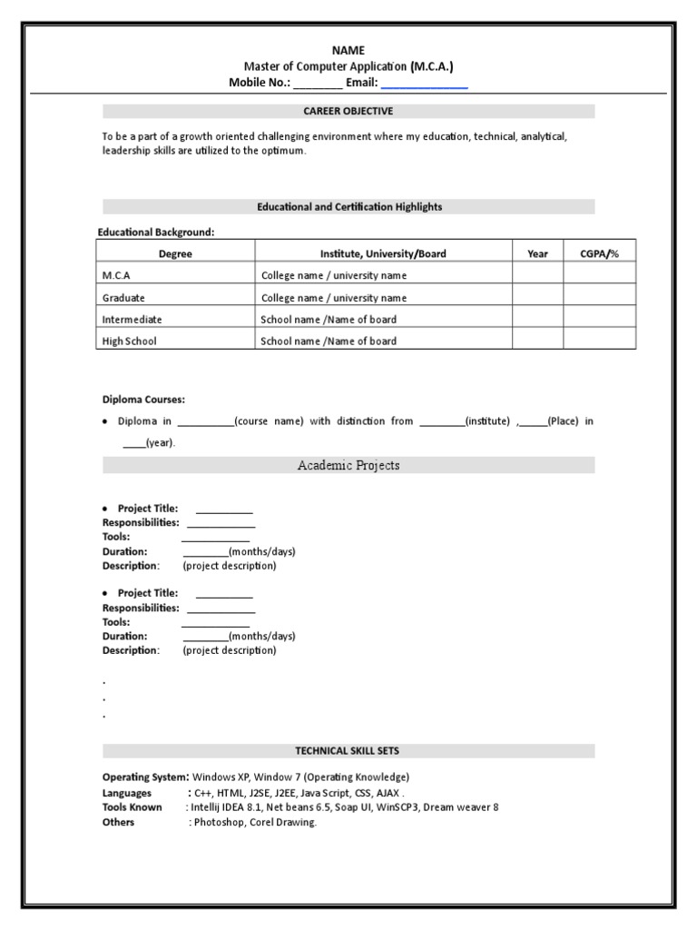 M.C.A. Graduate Resume Template | PDF